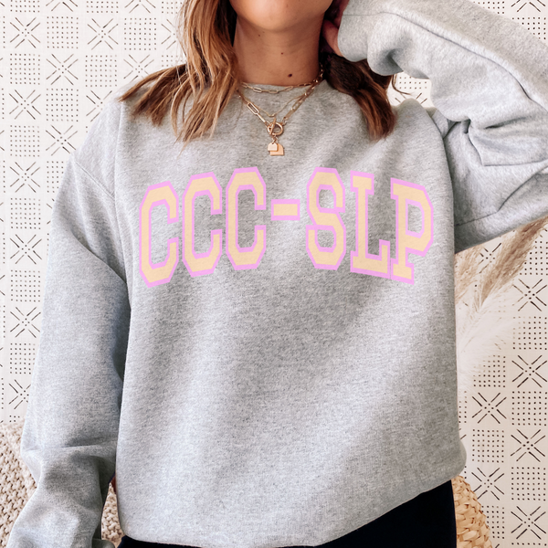 CCC-SLP Collegiate Font Sweatshirt | Pink and Orange Font – EmilyBSpeech